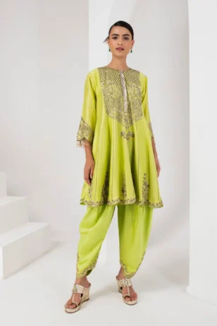 Lime Green Short Kali Dar Dhoti Salwar Suit - The House of Labels